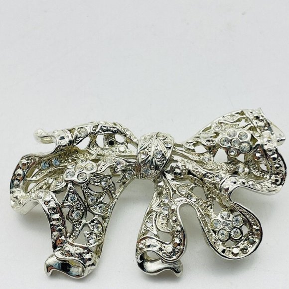 Unbranded | Jewelry | Fluffy Droopy Rhinestone Bow Brooch Silver Tone ...